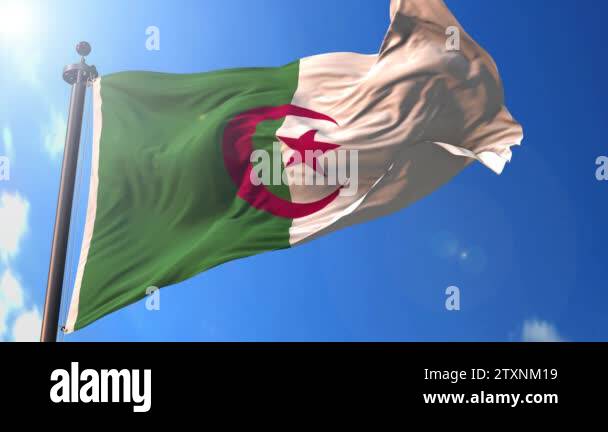 Algeria animated flag in the wind with blue sky in the background ...