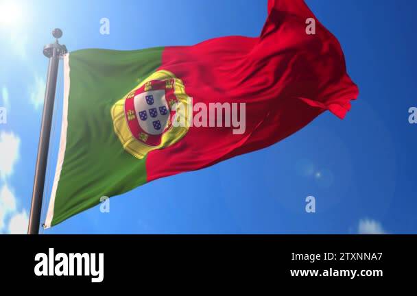 Portugal animated flag in the wind with blue sky in the background ...