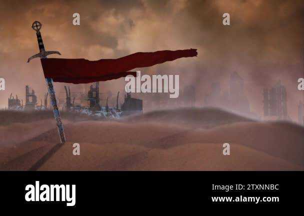 Sword in the Desert with Ruins 4K features a desert scene with a sward ...