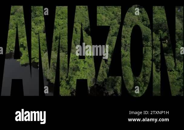 Amazon Rainforest text on aerial view of Anavilhanas Archipelago ...