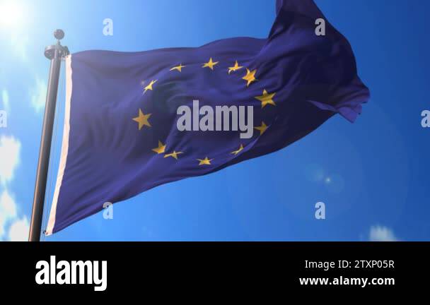 European Union animated flag in the wind with blue sky in the ...