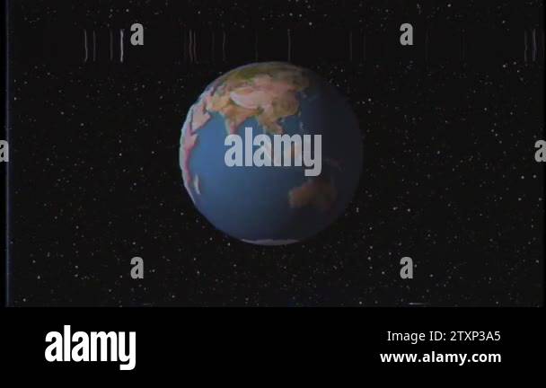 earth globe rotating in stars space old vhs tape retro intro effect tv ...