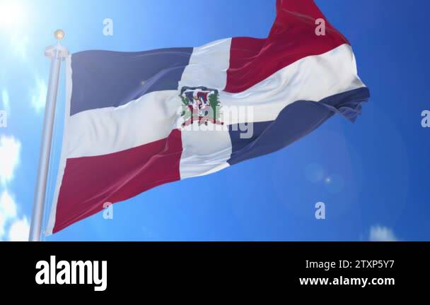 Dominican Republic animated flag in the wind with blue sky in the ...
