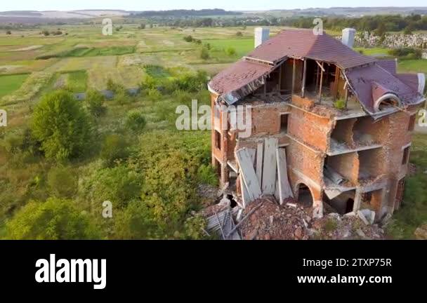 Aerial view of an old ruined building after earthquake. A collapsed ...