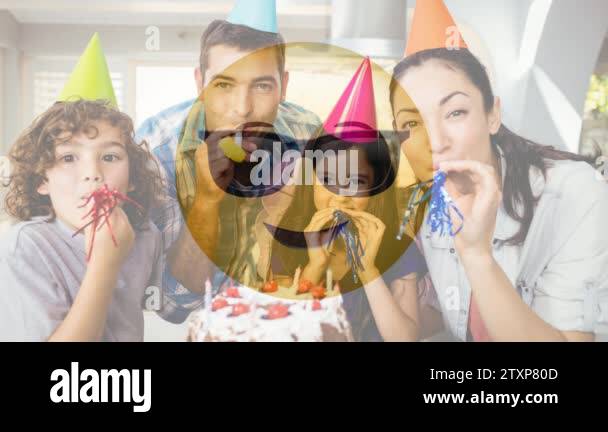 Animated Yellow smiley emoticon with sunglasses against digital composition of happy family ...