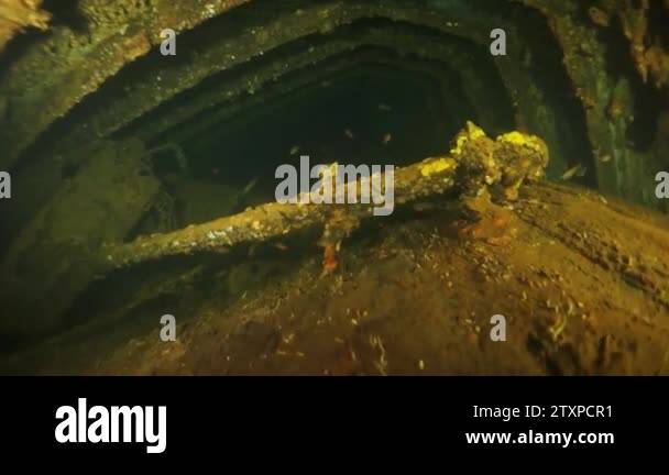 Sunken ship inside view on wreck underwater in Truk Lagoon on Chuuk ...