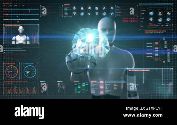 Robot touching digital screen, humanoid, Scanning Brain in digital ...