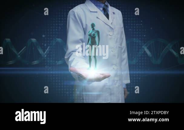 Doctor open palm, Zooming front Female body and scanning Human skeletal ...