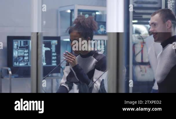 Astronauts talking at pre-flight press conference Stock Video Footage ...