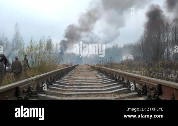 MOSCOW RUSSIA - 09.11.2019: An old Soviet steam train moves on rails during World War II ...