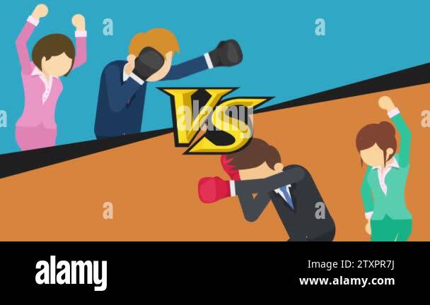 Versus screen. Businessman battle wearing boxing gloves. Blue vs Orange ...