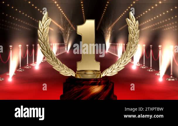 Winning Golden number one Trophy on red carpet with american flag ...