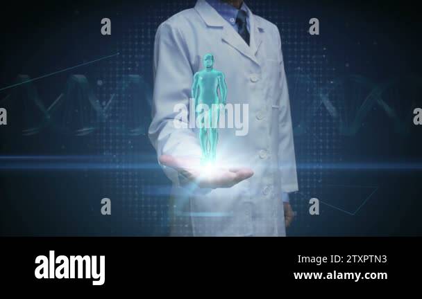 Doctor open palm, Zooming Female body and scanning human muscle, Blue X ...