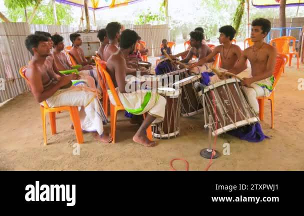 CHENNAI, INDIA - MAY 12, 2019: Indian man an playing on a Chenda Melam ...