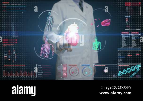 Doctor touching digital screen, Female body scanning blood vessel ...