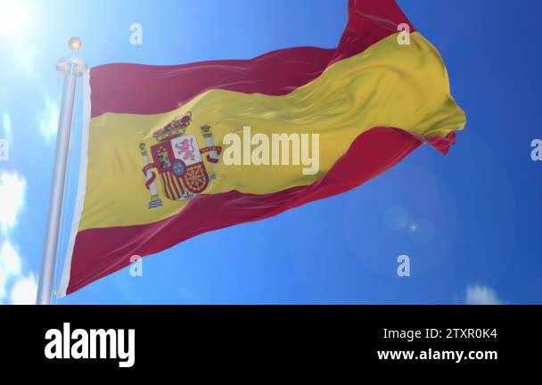 Spain animated flag in the wind with blue sky in the background, green ...