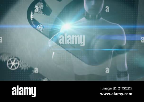 Robot, cyborg touched screen, Steel golden gears making global world ...