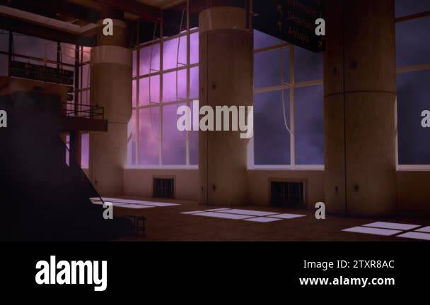 Animated Old factory building with animated thunder outside of windows ...