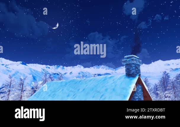Snow covered roof and smoking chimney of alpine rural house among snowy ...