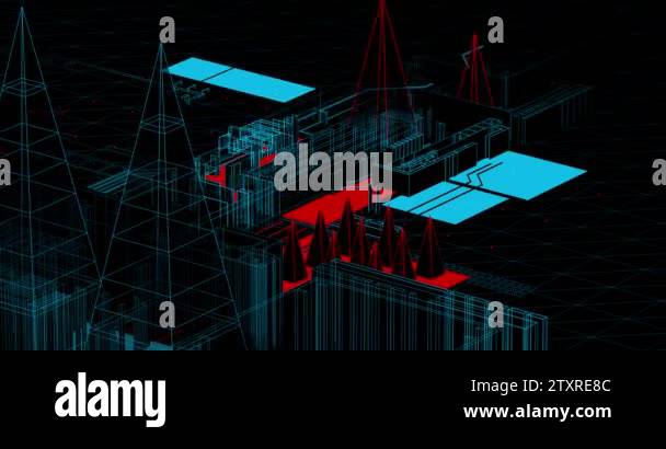 A sci-fi animation of wire lines making communication towers and ...