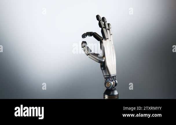 Robotic palm shows Ok symbol. Futuristic cyborg arm, metal shines ...