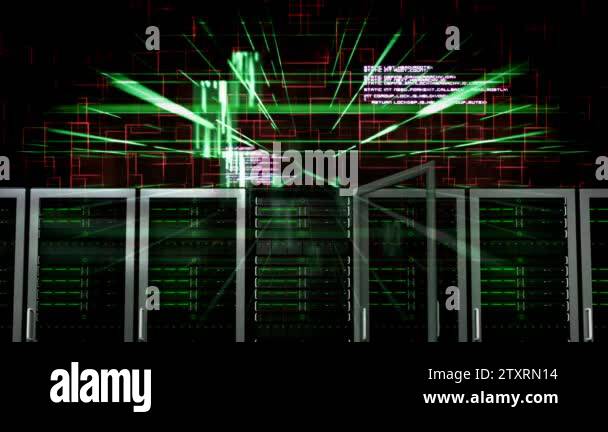 Data network servers on a cyber background with green light rays moving ...