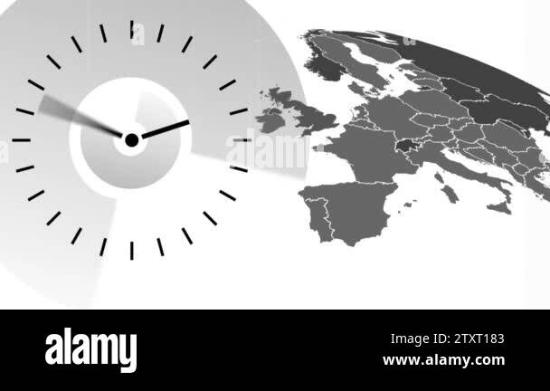 Animated Ticking Clock against animated white and black Europe map ...