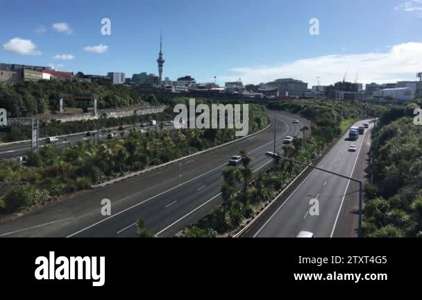 Aerial view of rush hours traffic on Auckland Central Motorway Junction ...