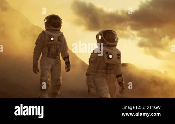 Two Astronauts in Space Suits Confidently Walking on Mars, Exploration Expedition on the Planet ...