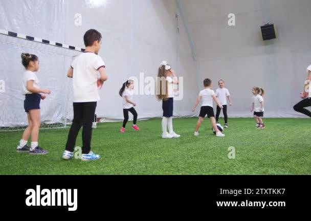 Indoor football arena. Little kids playing dodgeball. Back view Stock ...