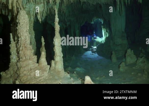 Cave diving in underwater caves of Yucatan Mexico cenotes Stock Video ...