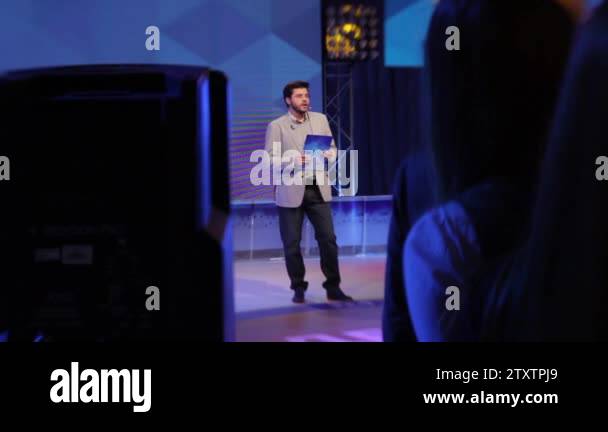 Male man TV presenter in a TV studio. TV presenter. TV host Stock Video ...