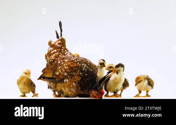 Hen and her chicks isolated on a white screen Stock Video Footage - Alamy