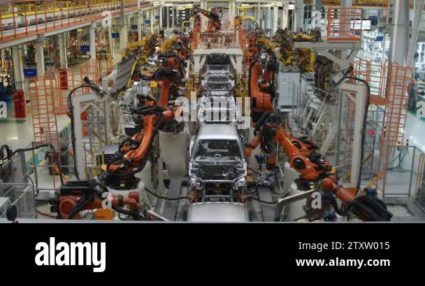 body of car on conveyor top view. Modern Assembly of cars at the plant ...