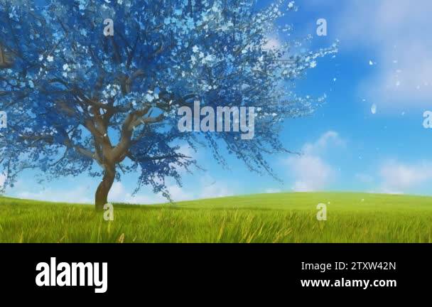Surreal spring scenery with unrealistic blue sakura cherry tree in full ...