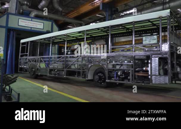 Bus production manufacture. Scene. View of skeleton of bus at ...