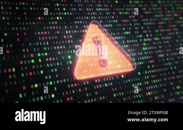 Technological background with triangle exclamation mark icon on background of hanging symbols of ...