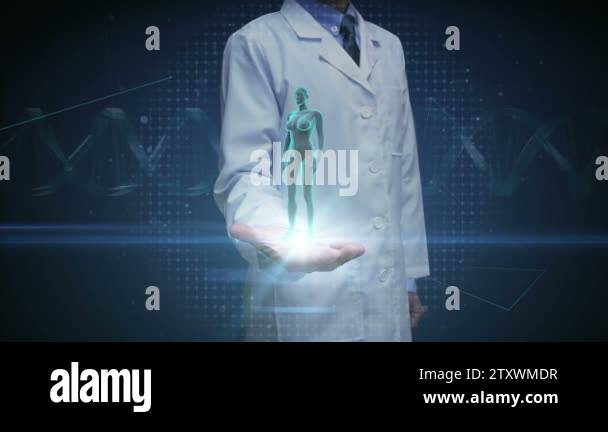 Doctor open palm, Female Human body scanning lymphatic system. Blue X ...