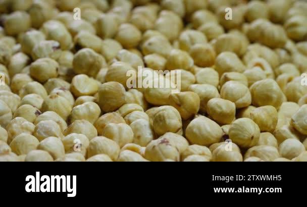 Close-up of a man touching peeled light yellow hazelnuts. Concept ...