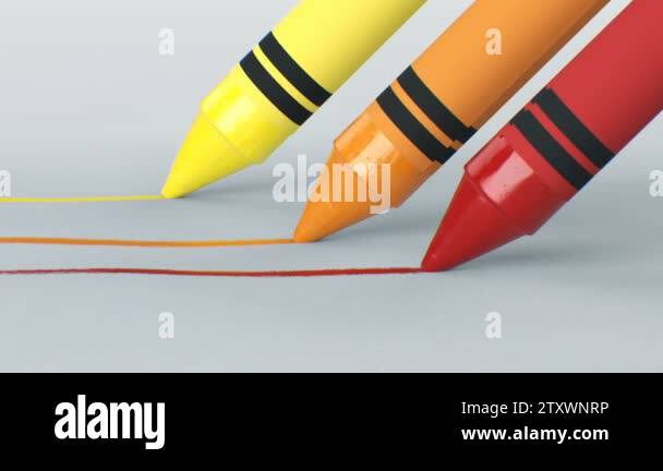 Three Wax Crayons Drawing Lines on Clear Paper is Close-up. Looped 3d ...