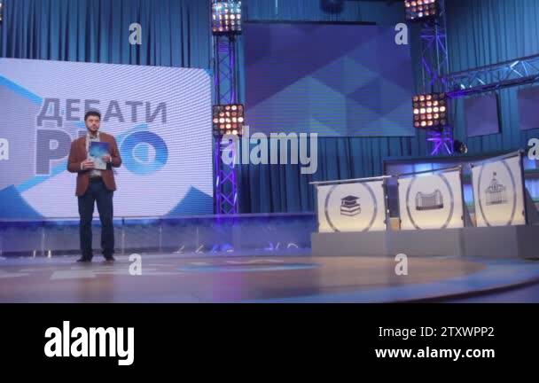 Male man TV presenter in a TV studio. TV presenter. TV host Stock Video ...