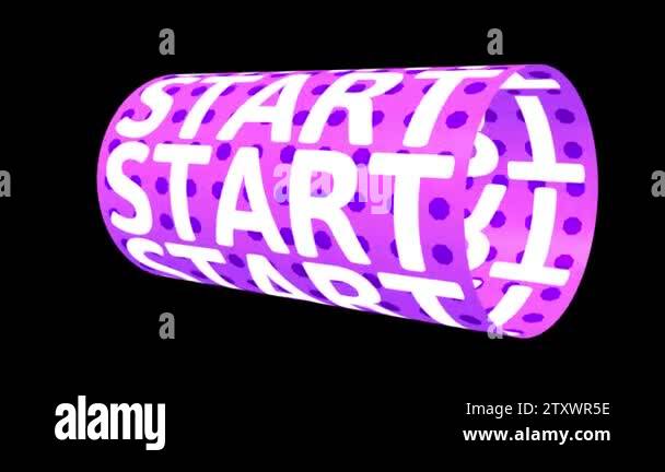 Digital animation of START word rotating on animated CG cylinder shape ...