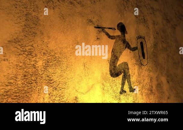 A single Cave Painting of Warrior with dancing fire illumination on ...