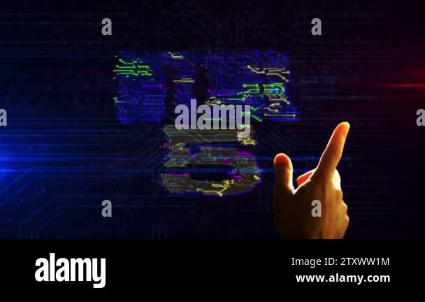 HTML5 symbol futuristic 3D rendering animation. Hand finger touch the ...