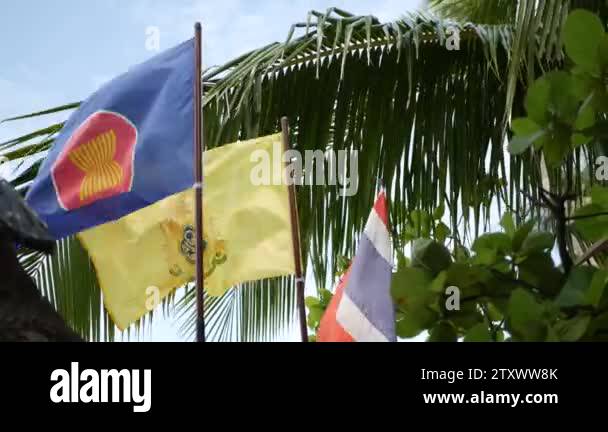 Three flags waving against tropical leaves. Symbol of ASEAN fluttering near flags of Thailand ...