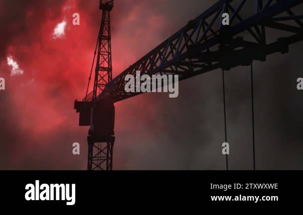 Black animated Crane against animated red thunder and dark clouds ...