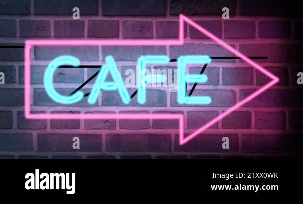 Neon cafe sign illuminated shows diner with food available. Advertising coffee house or ...