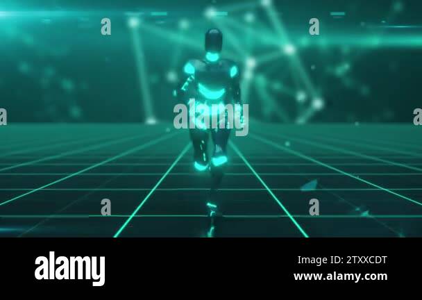 A futuristic humanoid robot, running through a sci-fi grid surface. Seamless loop 3d animation ...