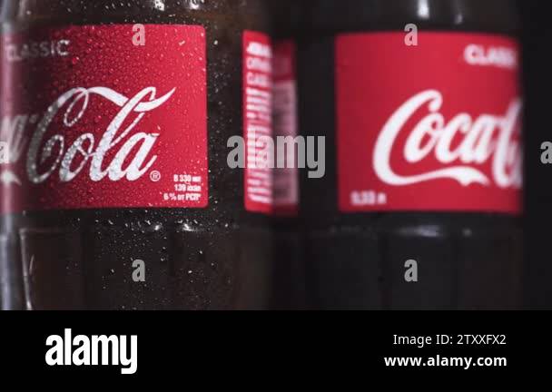 13 december, 2019. Moscow, Russia: Three glass bottles of Coca Cola ...