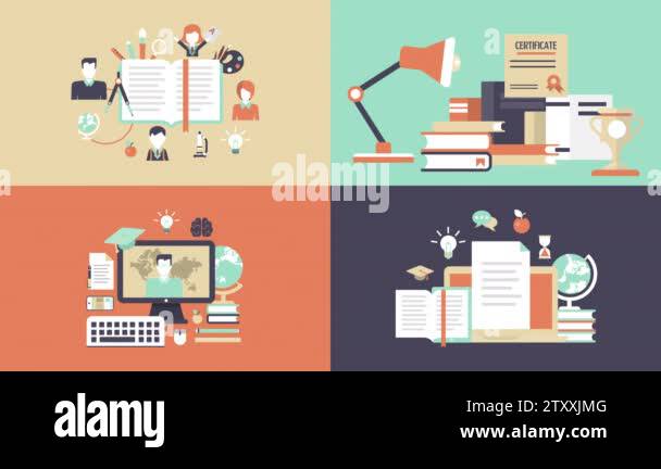 Education, knowledge is power, distance tutor, e-learning animated flat ...